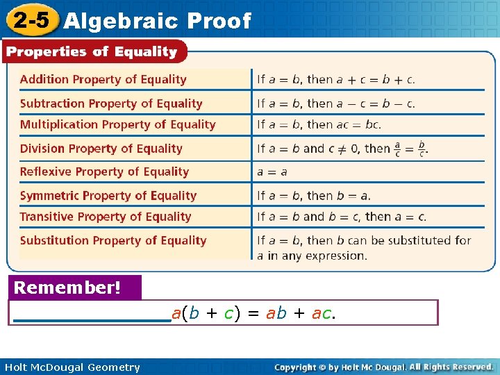 2 5 Algebraic Proof Objectives Review properties of