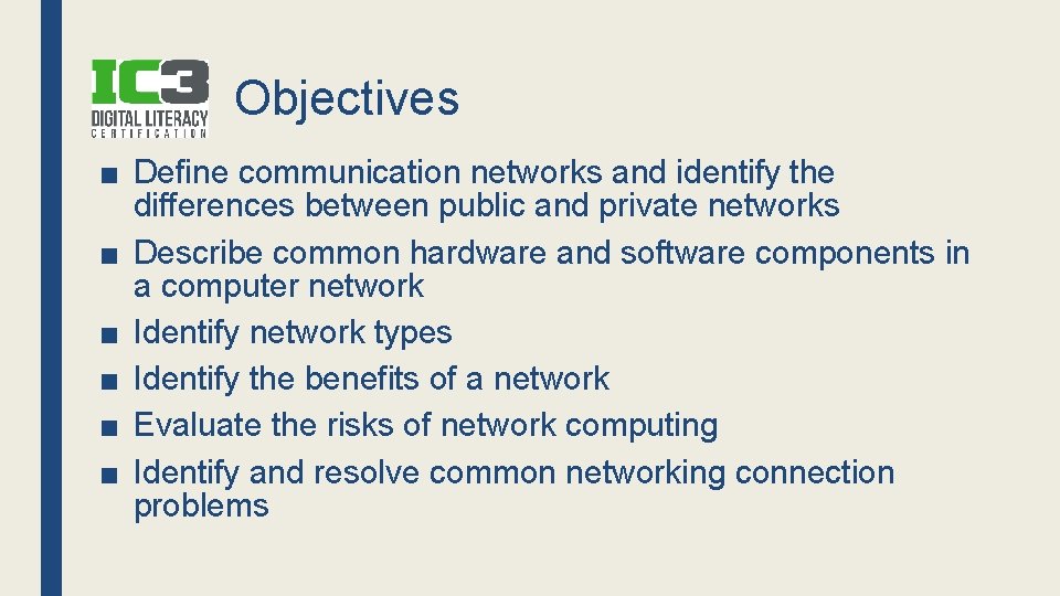 NETWORK FUNDAMENTALS Unit 10 Objectives Define communication networks