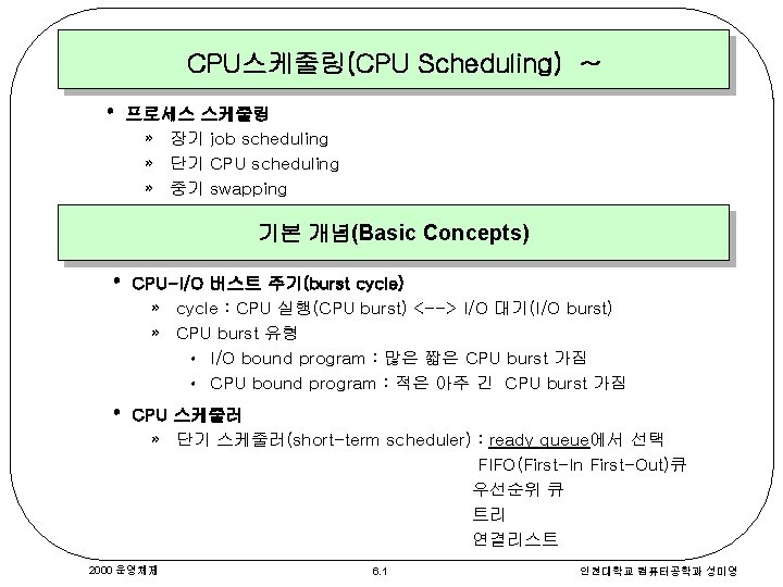 CPUCPU Scheduling job scheduling CPU scheduling swapping Basic