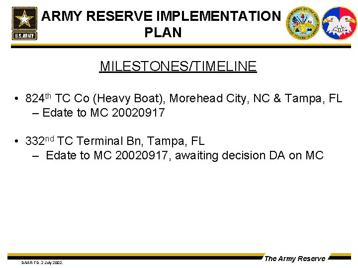 ARMY RESERVE IMPLEMENTATION PLAN Amry Watercraft Restructuring Plan