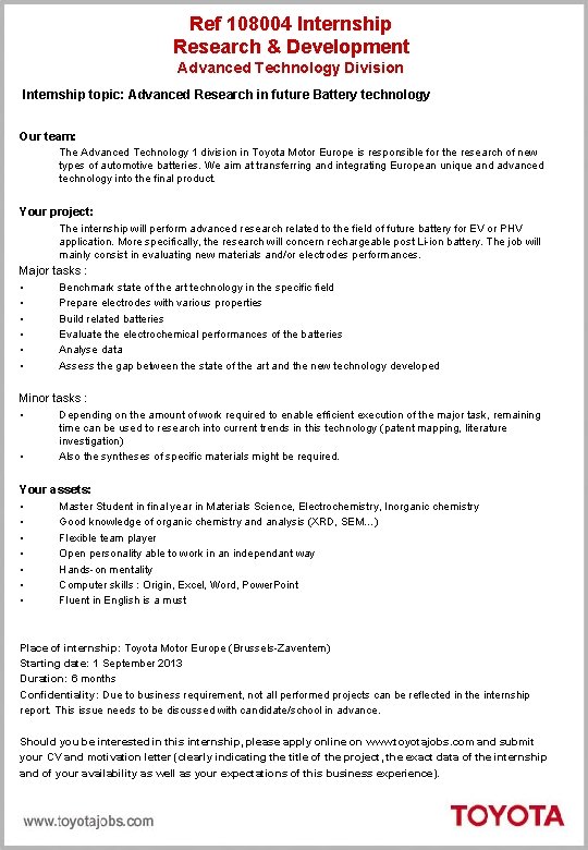 Ref 108004 Internship Research Development Advanced Technology Division