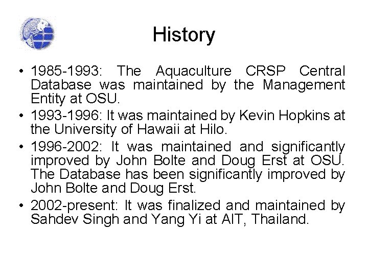 AQUACULTURE CRSP DATABASE FINALIZATION MANAGEMENT AND DISTRIBUTION ACRSP