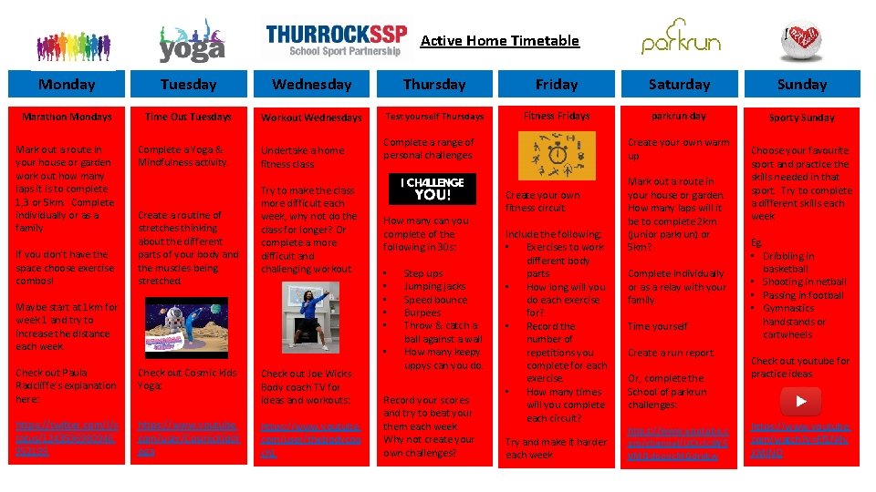 Active Home Timetable Monday Tuesday Wednesday Thursday Friday