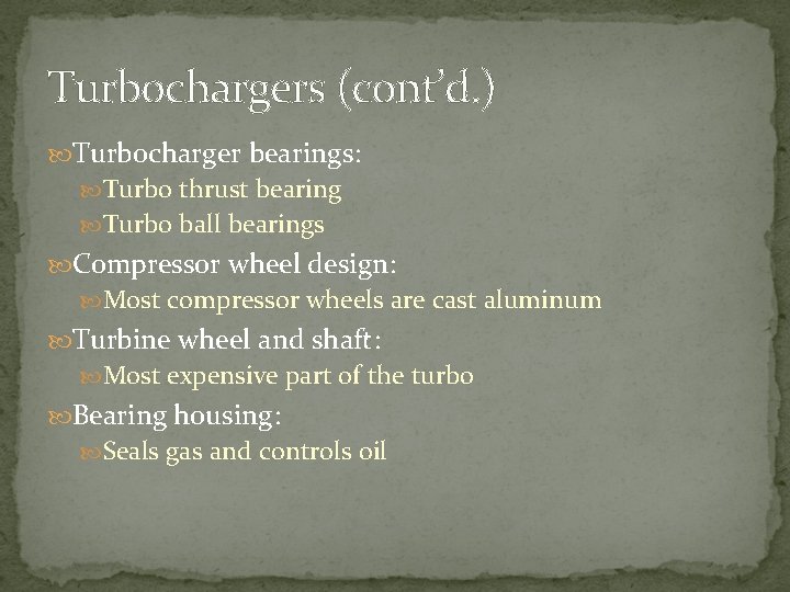 Intake and Exhaust Systems Turbochargers and Superchargers Plan
