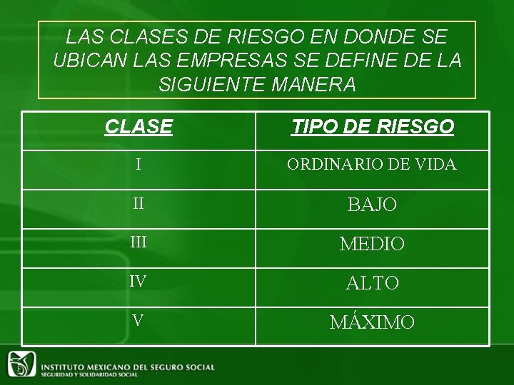 SEGURO DE RIESGOS DE TRABAJO CLASIFICACIN DE EMPRESAS
