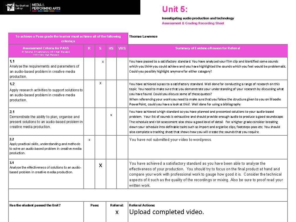 Unit 5 Investigating audio production and technology Assessment