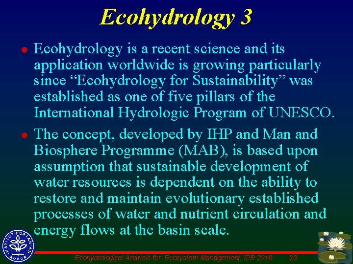 Introduction to Ecohydrology Concepts and Applications Prof Dr