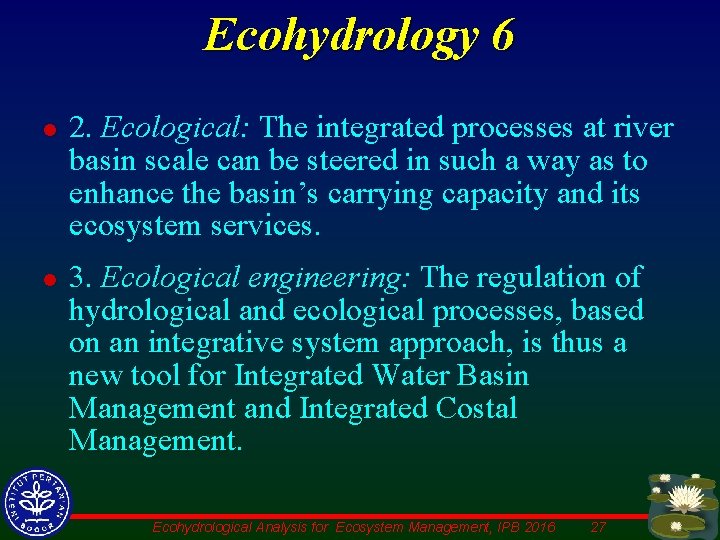 Introduction to Ecohydrology Concepts and Applications Prof Dr