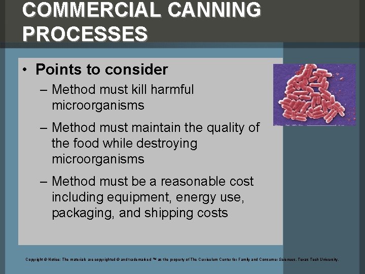 Processing Food by Heat O Can destroy microorganisms
