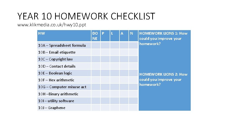 YEAR 10 YEAR 10 HOMEWORK CHECKLIST www klikmedia