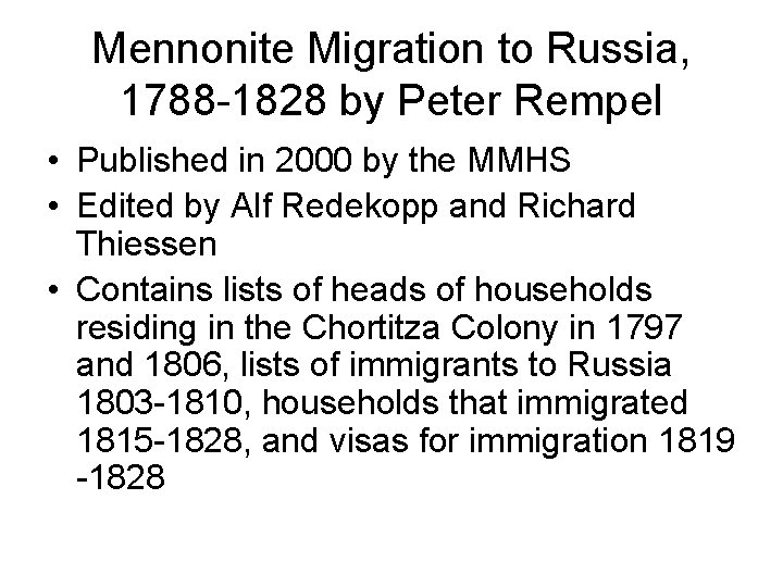 Update on Mennonite Genealogical Resources by Tim Janzen