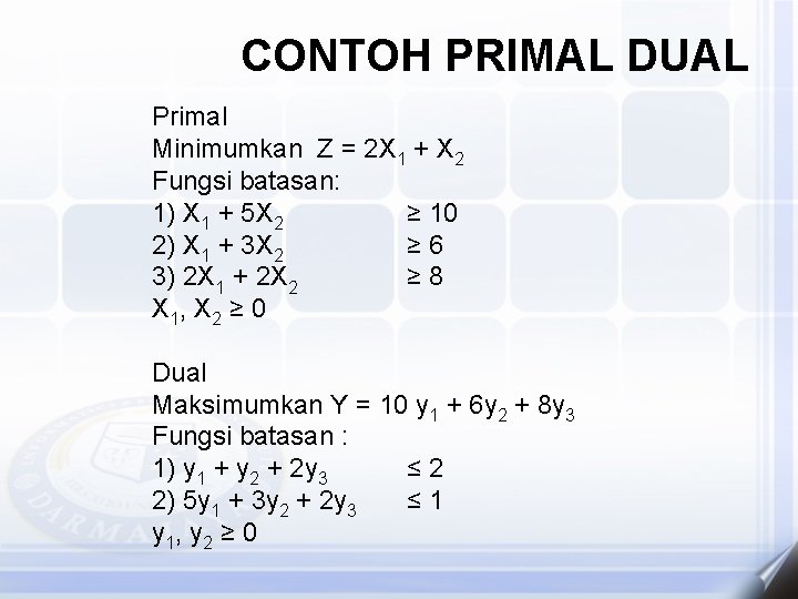 RISET OPERASI Dualitas dan Analisis Sensitivitas KONSEP DUALITAS