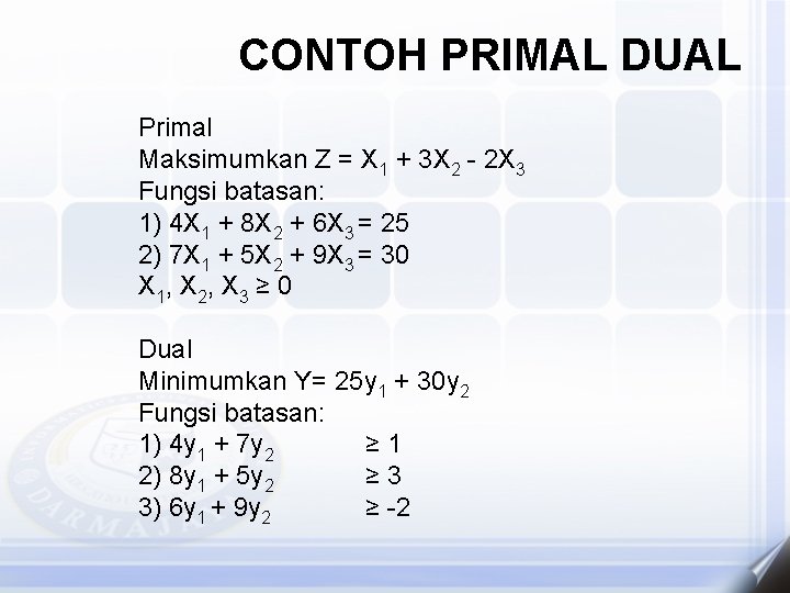 RISET OPERASI Dualitas dan Analisis Sensitivitas KONSEP DUALITAS