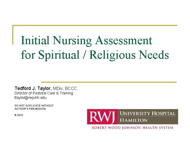 Initial Nursing Assessment for Spiritual Religious Needs Tedford