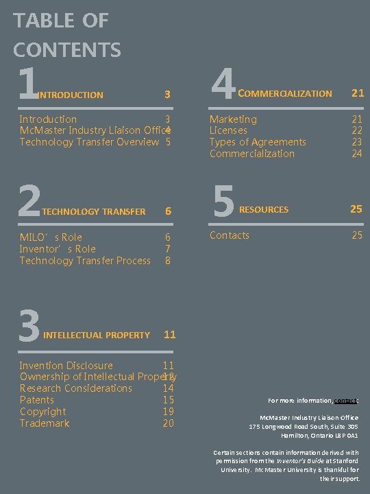 Mc Master University Inventors Guide TABLE OF CONTENTS