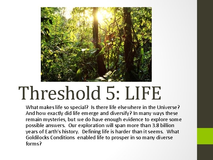 Threshold 5 LIFE What makes life so special