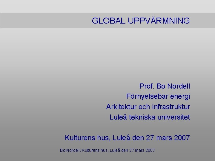 GLOBAL UPPVRMNING Prof Bo Nordell Frnyelsebar energi Arkitektur