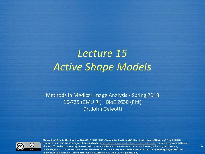 Lecture 15 Active Shape Models Methods in Medical