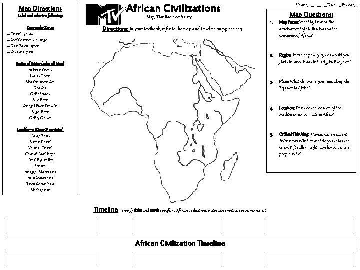 African Civilizations Map Directions Label and color the