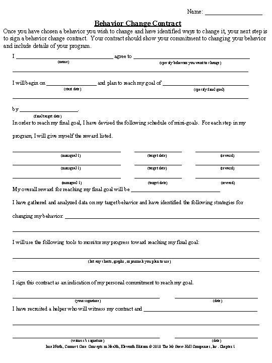 Name Behavior Change Contract Once you have chosen