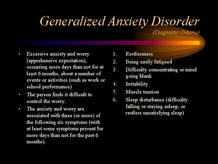 Anxiety Disorders Diagnostic criteria and common symptomologies Diagnoses