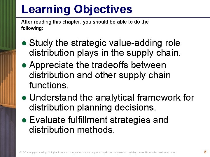 Chapter 11 DISTRIBUTION Managing Fulfillment Operations Learning Objectives