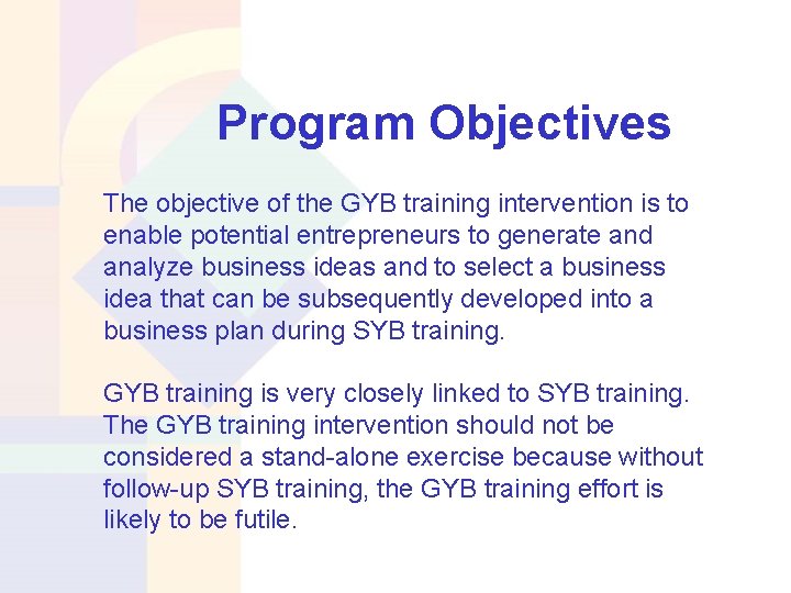 Generate Your Business Idea GYB training package Session