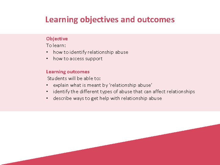 Session One What is relationship abuse Learning objectives