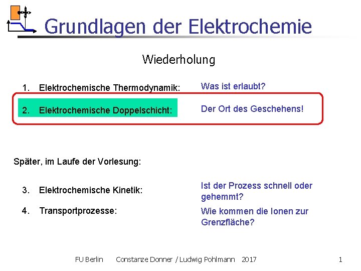 Grundlagen der Elektrochemie Wiederholung 1 Elektrochemische ...