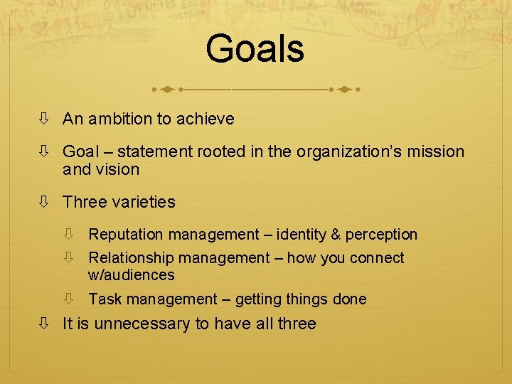 Goals Objectives Goals An ambition to achieve Goal