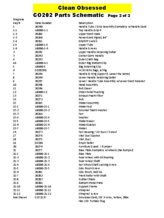 Clean Obsessed CO 202 Parts Schematic Page 1