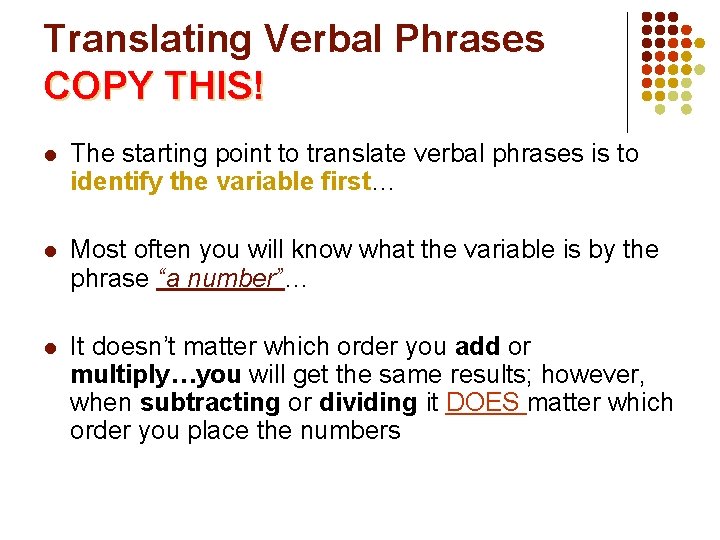 More English to Algebra Translating word problems Translating