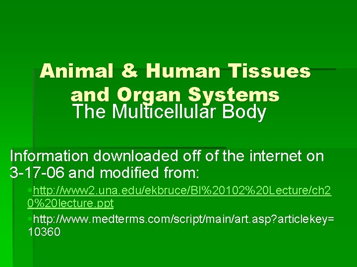 Animal Human Tissues and Organ Systems The Multicellular