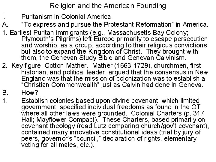 Religion and the American Founding I Puritanism in