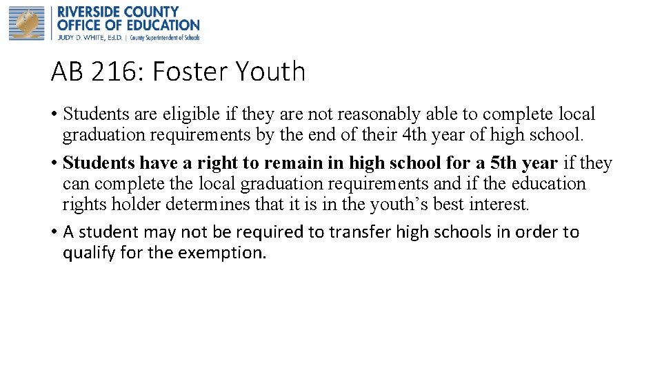 Assembly Bills 216 1806 and 2306 Graduation Requirements