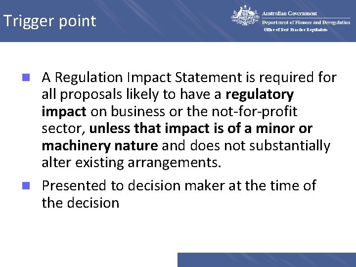 Office of Best Practice Regulation Regulatory Impact Analysis