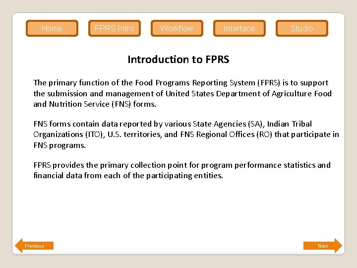 Food Programs Reporting System Computer Based Training CBT