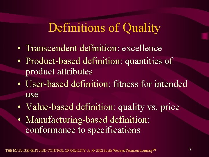 Chapter 1 Introduction to Quality THE MANAGEMENT AND