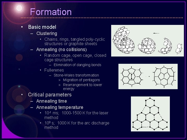 Carbon Fullerenes Formation Basic model Clustering Chains rings