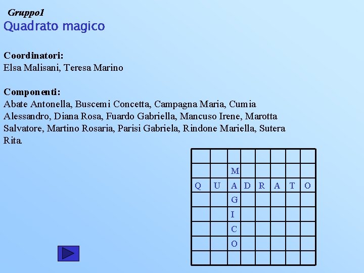 Gruppo 1 Quadrato magico Coordinatori Elsa Malisani Teresa