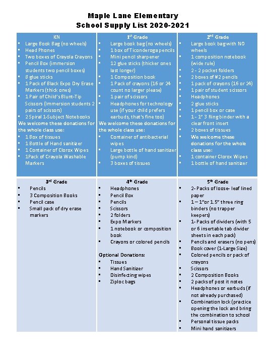 Maple Lane Elementary School Supply List 2020 2021