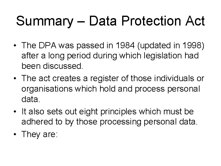 The Data Protection Act D Stainton Summary Data