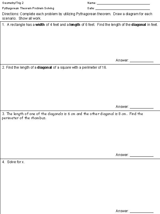 GeometryTrig 2 Name Pythagorean Theorem Problem Solving Date