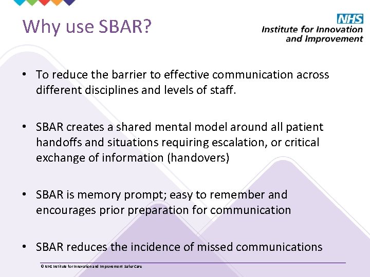 SBAR Situation Background Assessment Recommendation NHS Institute for