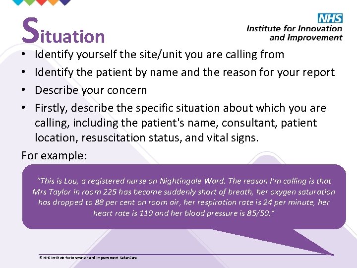 SBAR Situation Background Assessment Recommendation NHS Institute for