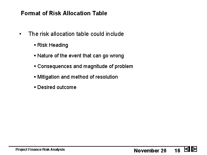 Risk Analysis in Project Finance Modelling November 20
