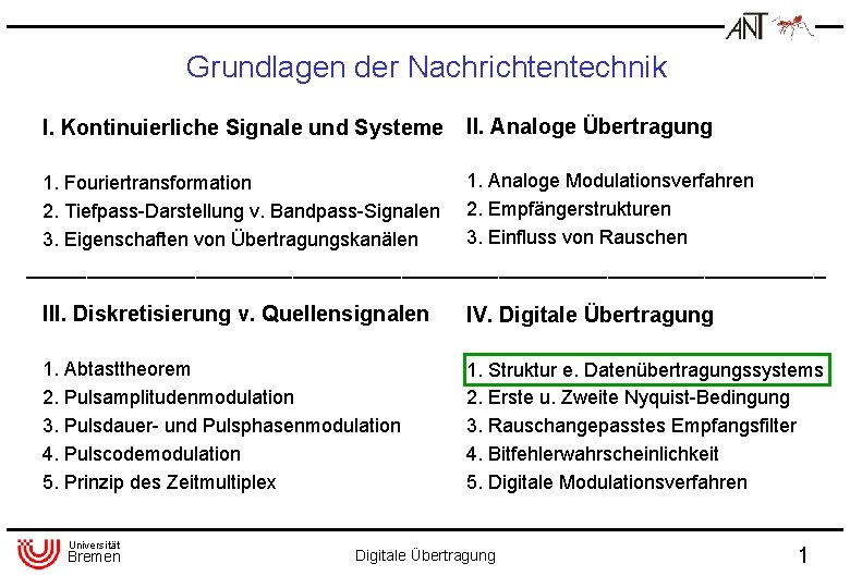 Grundlagen der Nachrichtentechnik I Kontinuierliche Signale und Systeme