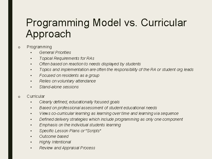 RESIDENTIAL CURRICULUM Taking Student Learning in the Residence