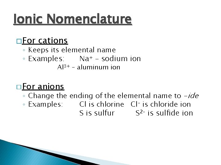 Chemical Nomenclature chemistry Ionic Nomenclature For cations Keeps