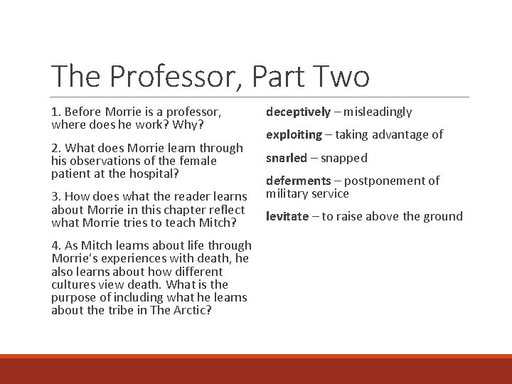 Tuesdays With Morrie CHAPTER QUESTIONS For each chapter